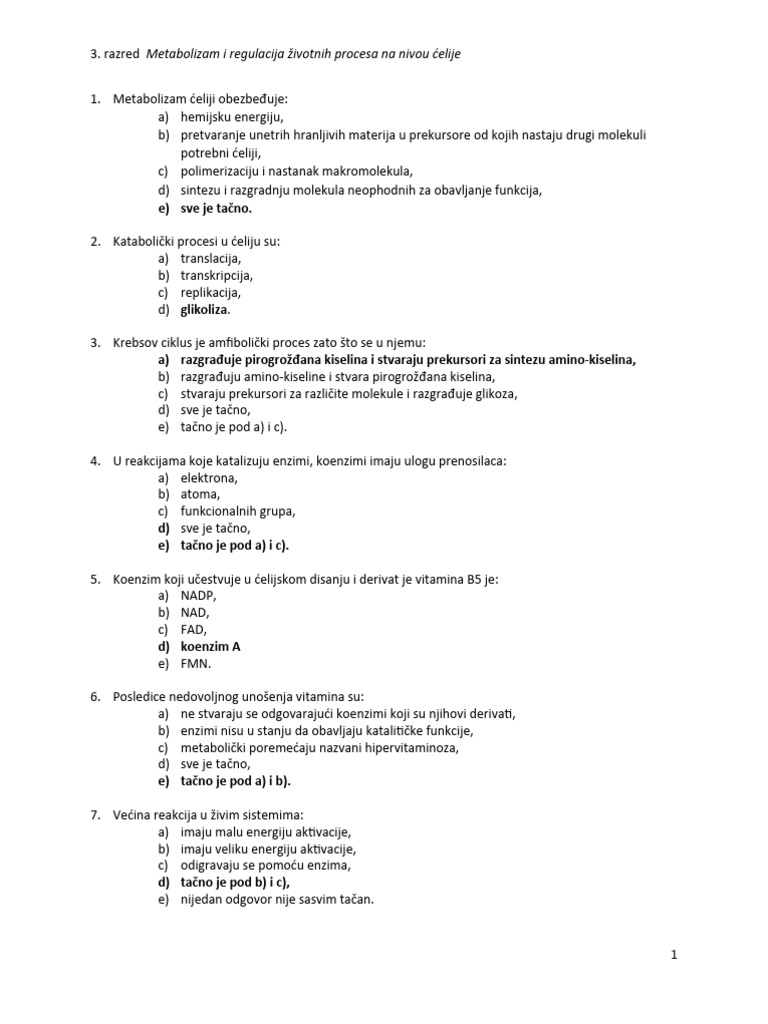 TEST PITANJA 3. RAZRED METABOLIZAM NA NIVOU CELIJE Resenja | PDF