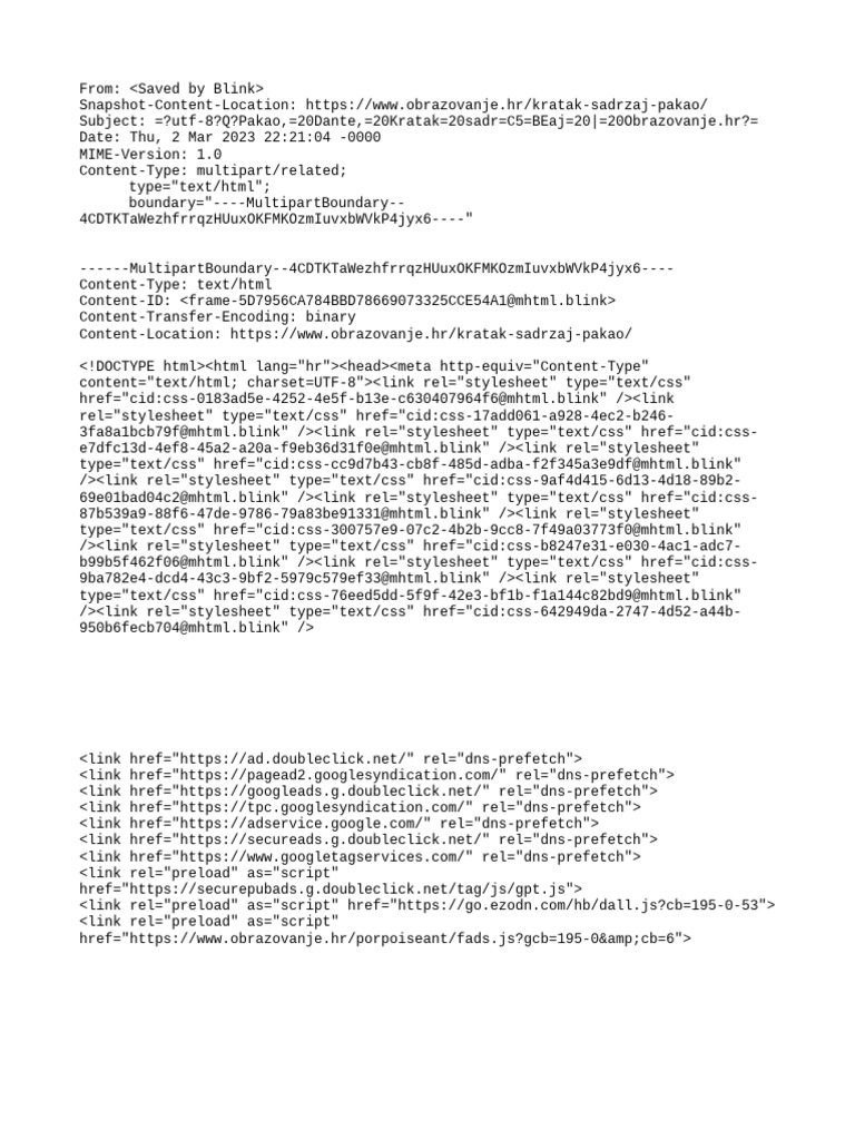 Pakao, Dante, Kratak Sadržaj | PDF