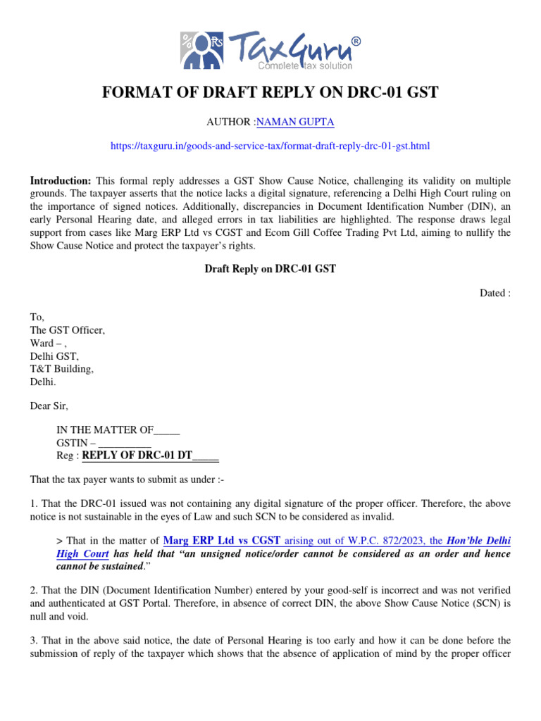 Format of Draft Reply On DRC-01 | Download Free PDF | Taxation | Justice