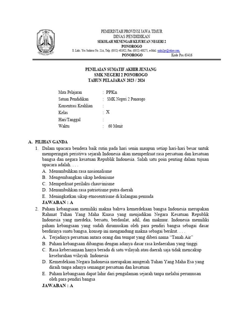 Soal X Psaj PPKN 2024 | PDF | Politik | Perjalanan