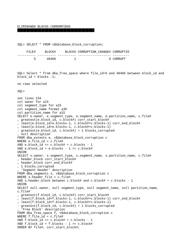 Remove Corrupted Database Blocks | PDF | Sql | Computer Science