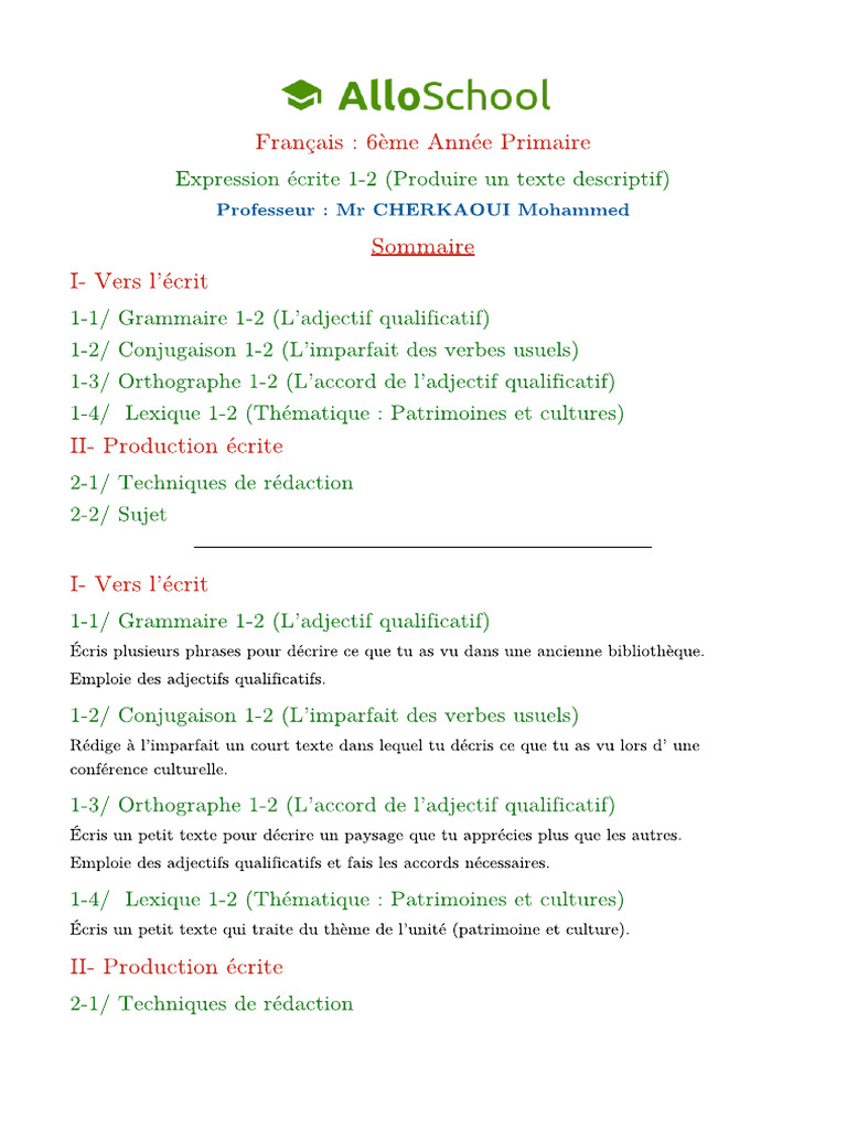 Expression Ecrite 1 2 Produire Un Texte Descriptif 1 | PDF