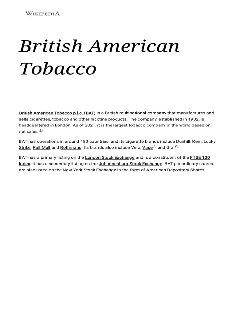 British American Tobacco P.L.C. BAT Multinational Company London | PDF ...
