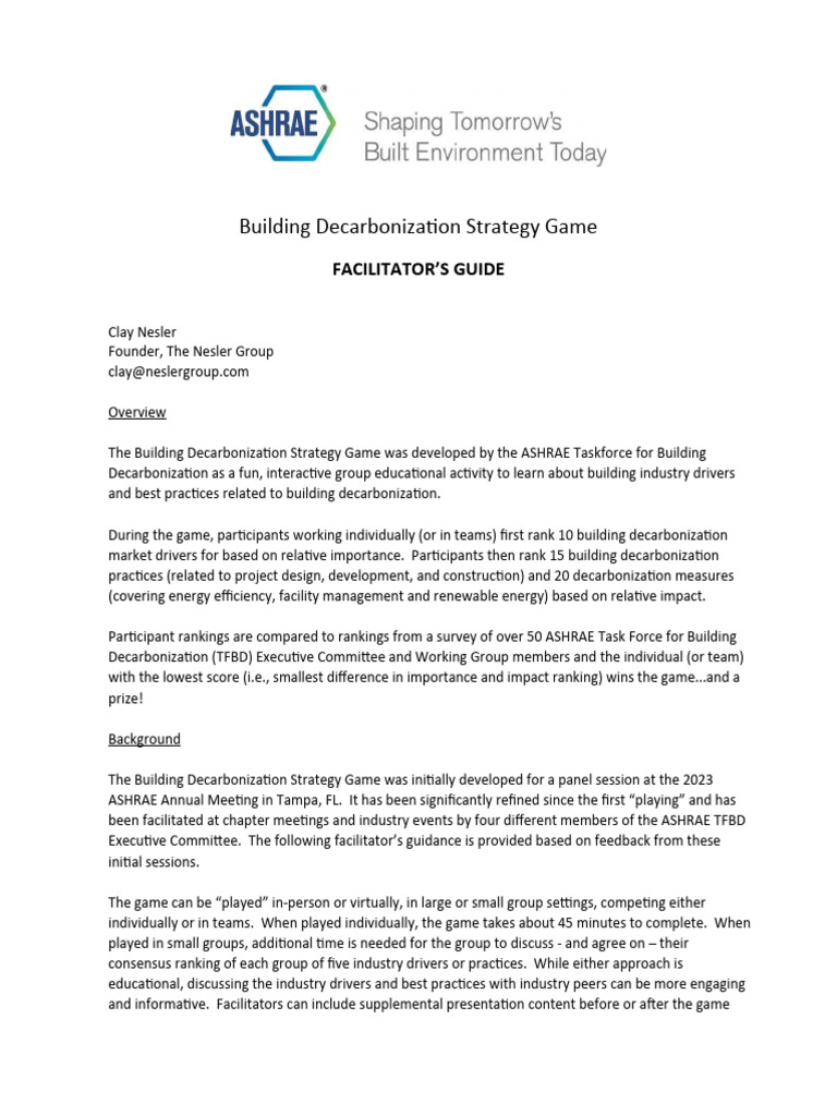 Ashrae Building Decarbonization Strategy Game - Facilitator S Guide ...