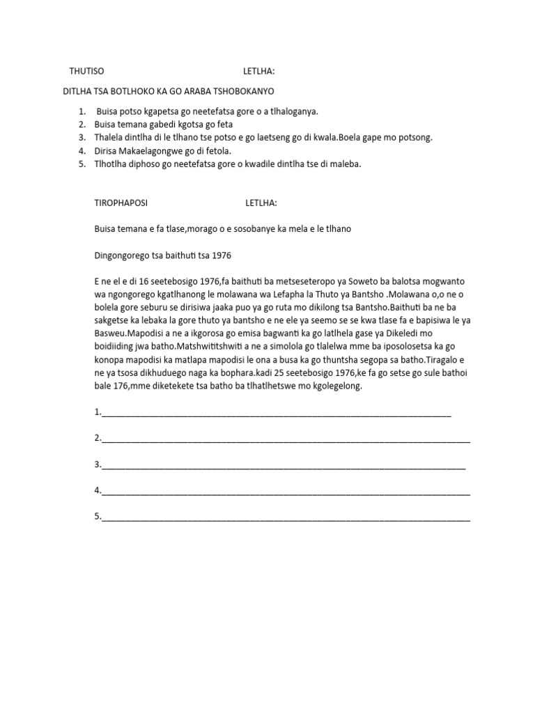 Grade 5 Setswana Teaching Resources | PDF | Languages Of Africa | Languages