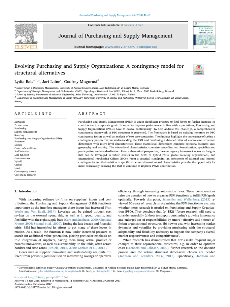 Evolving Purchasing and Supply Organizations A Contingency Model For | PDF | Supply Chain ...