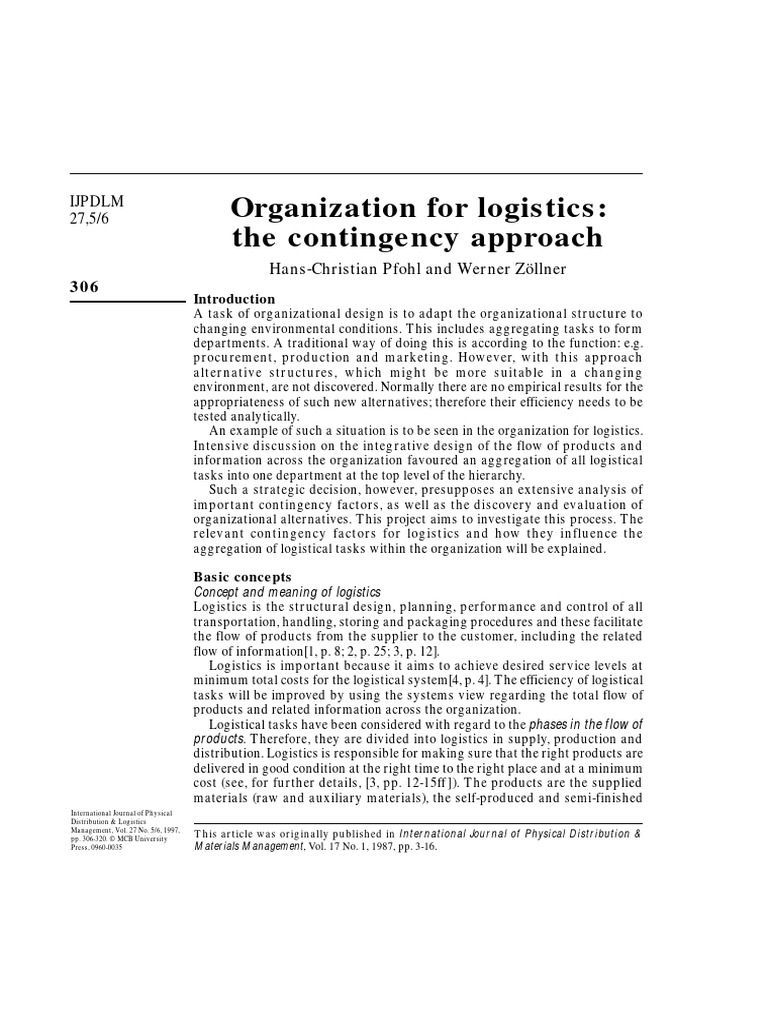 Organization For Logistics The Contingency Approach Pfohl and Zollner ...