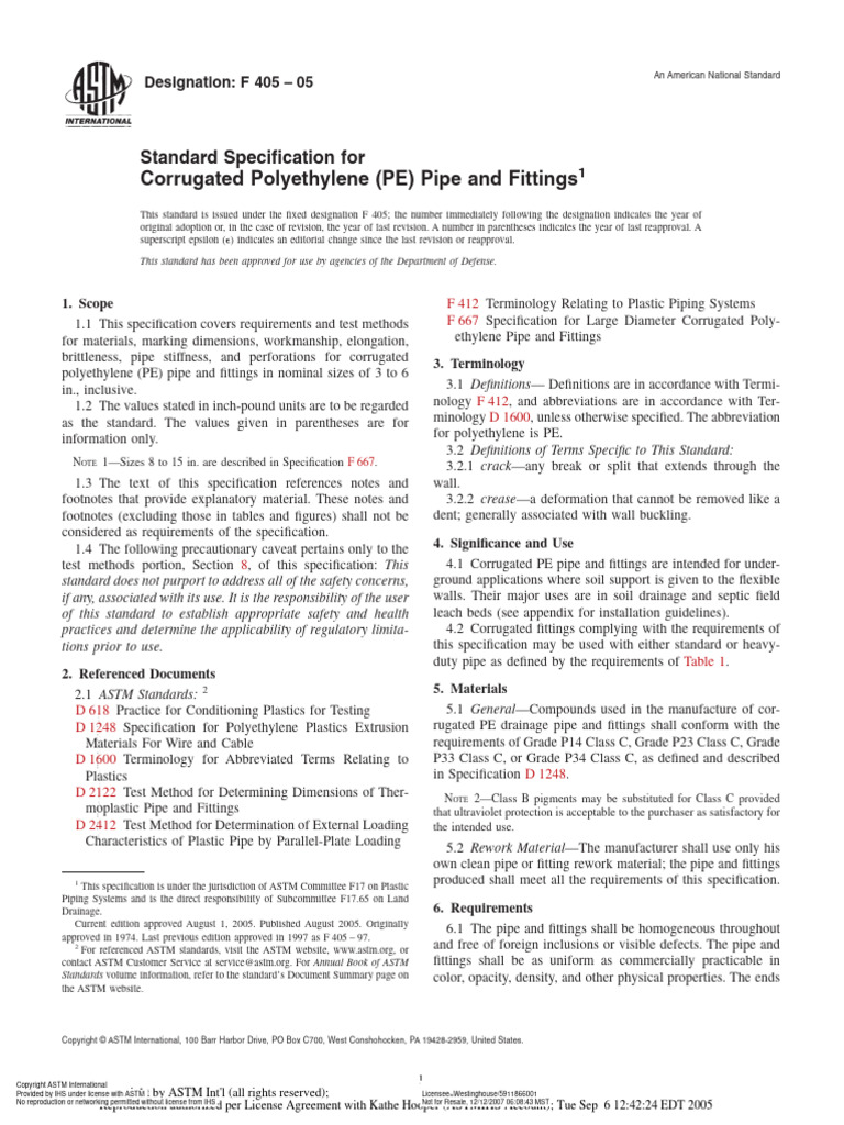 Astm F405 2005 Corrugated Polyethylene (Pe) Tubing and Fittings | PDF | Pipe (Fluid Conveyance ...
