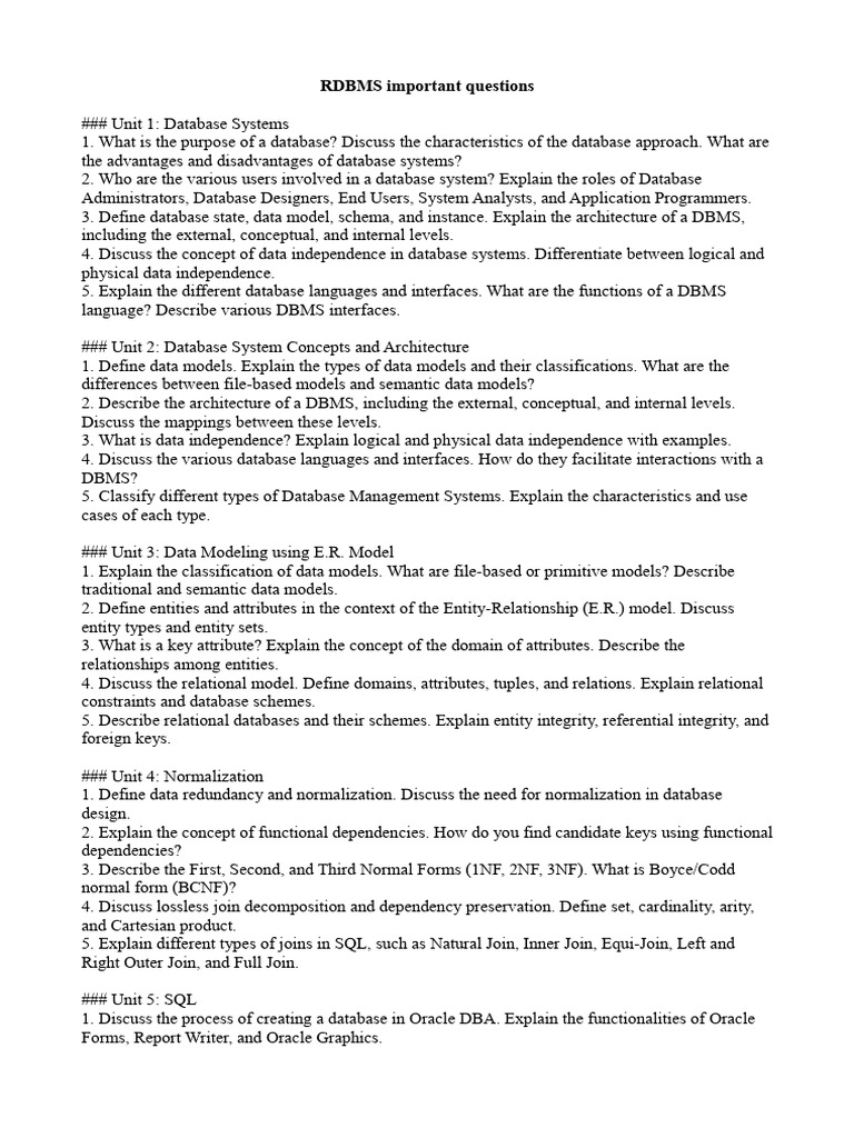 Rdbms Important Questions | PDF | Relational Database | Conceptual Model