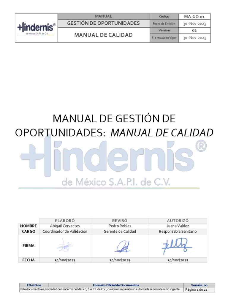 MA-GO-01 Ver.02 Manual de Calidad | PDF | Calidad (comercial) | Sistema de manejo de calidad