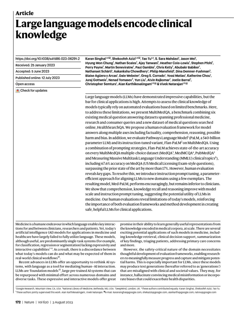 LLMs Encode Clinical Knowledge | PDF | Artificial Intelligence | Intelligence (AI) & Semantics