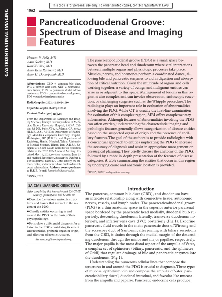Bello Et Al 2022 Pancreaticoduodenal Groove Spectrum of Disease and ...
