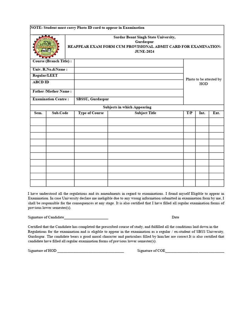SBSSU Reappear Admit Card Cum Exam Form Reappear SBSSU June-2024 ...