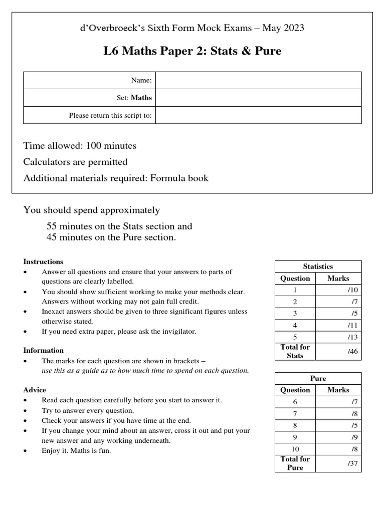May 2023 L6 Maths Paper 2 (Stats & Pure) | PDF