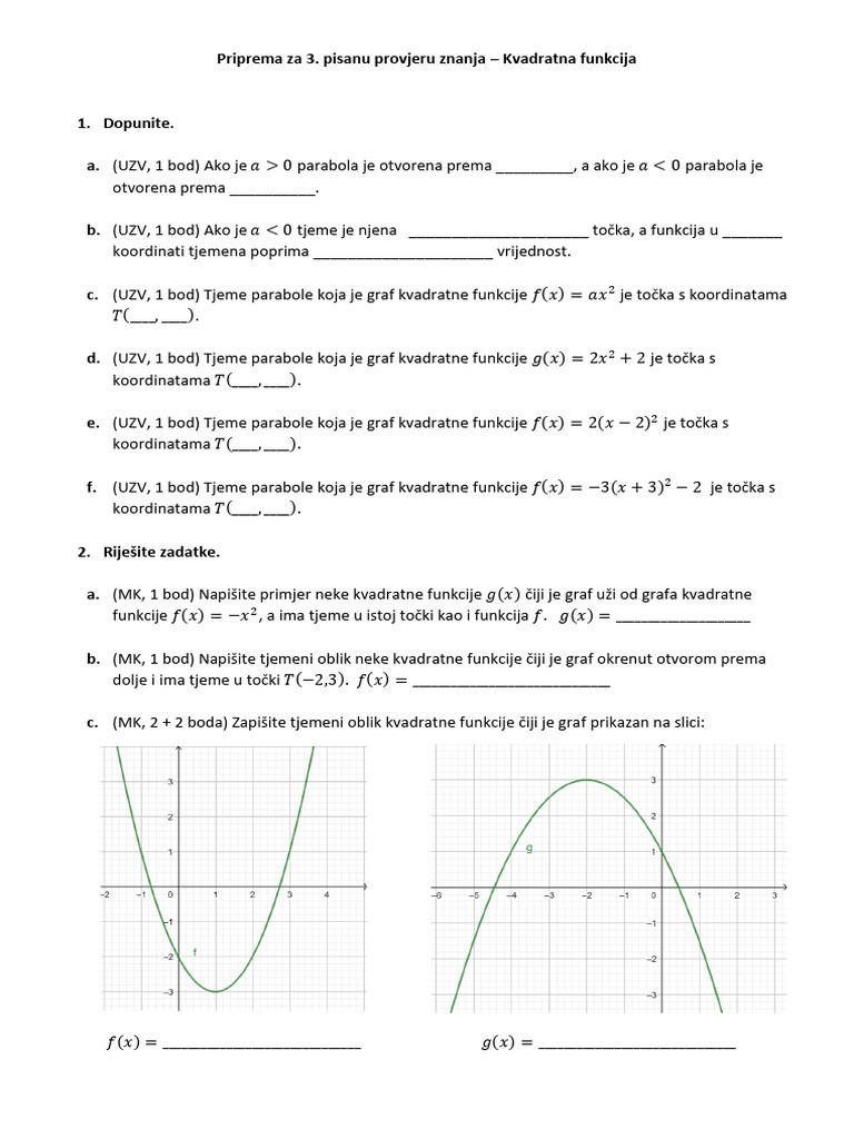 Priprema Za 3. Pisanu Provjeru Znanja - Kvadratna Funkcija | PDF