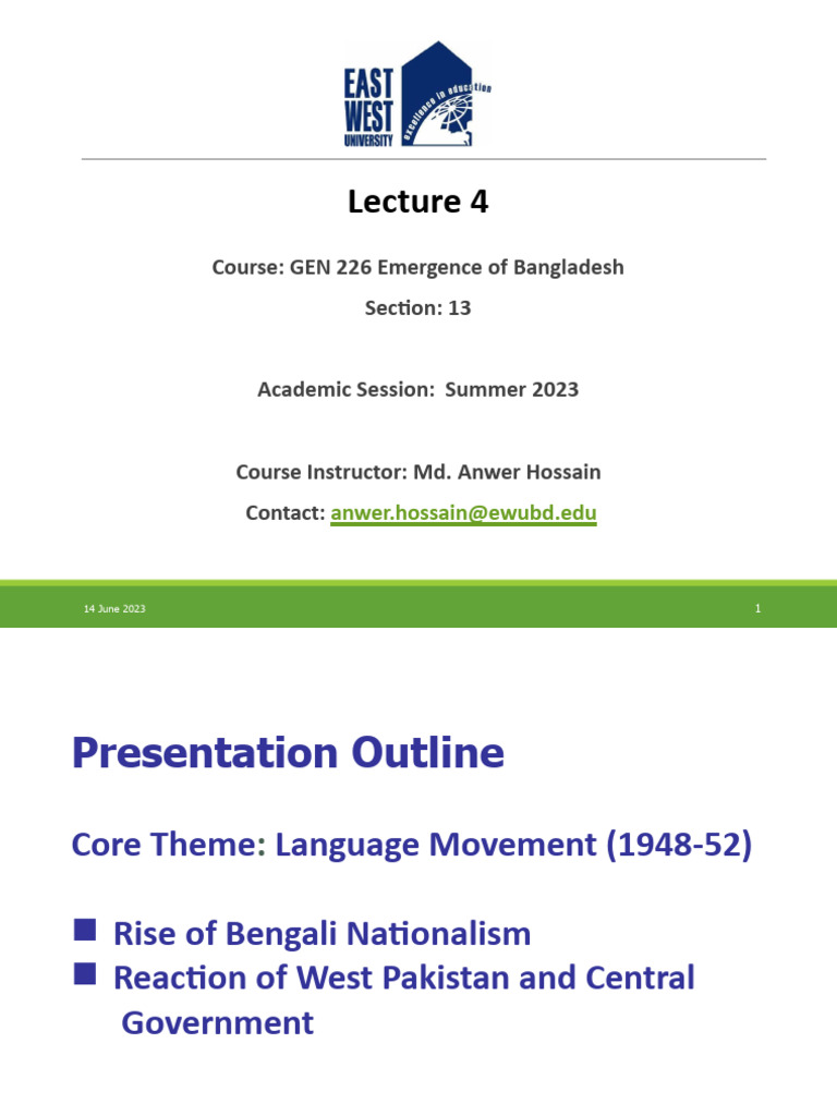 EWU. GEN 226. Lecture 4. Language Movement (1948-52) - Summer 2023 | PDF | Government Of ...