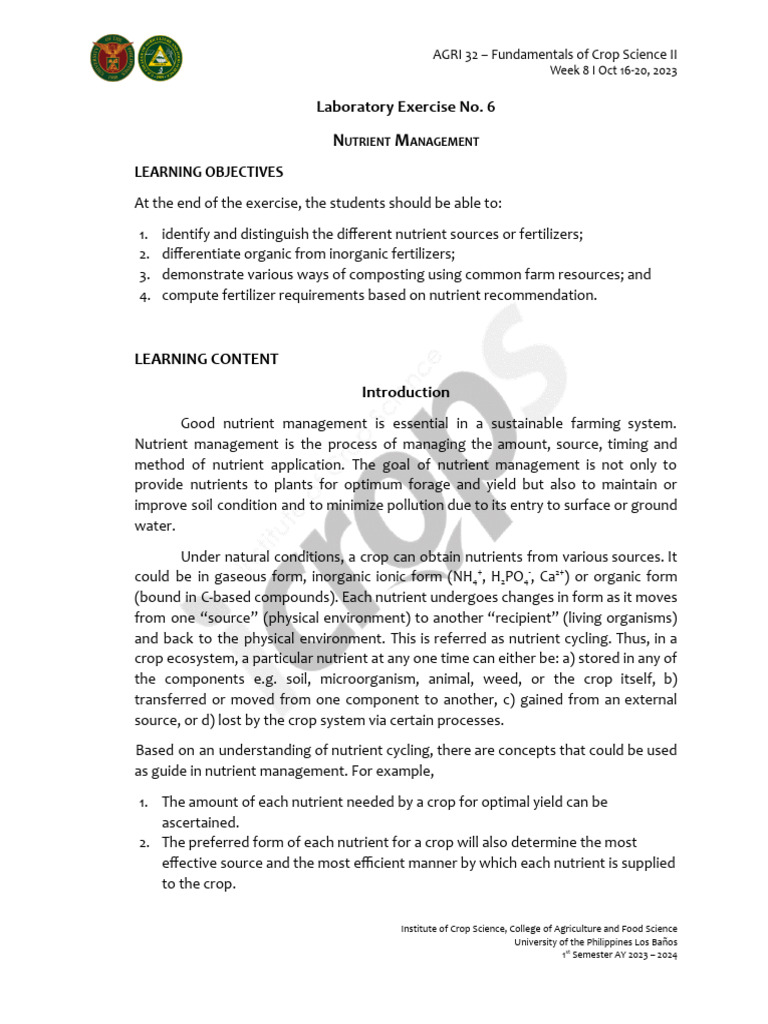 Exercise 6 Learning Module - 1st Semester 2023-2024 | PDF | Fertilizer | Soil