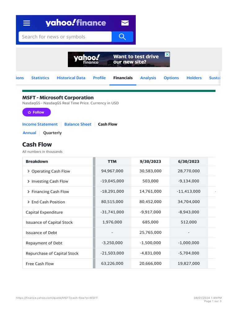 Microsoft Corporation (MSFT) Cash Flow - Yahoo Finance - Yahoo Finance | PDF | Alphabet Inc ...