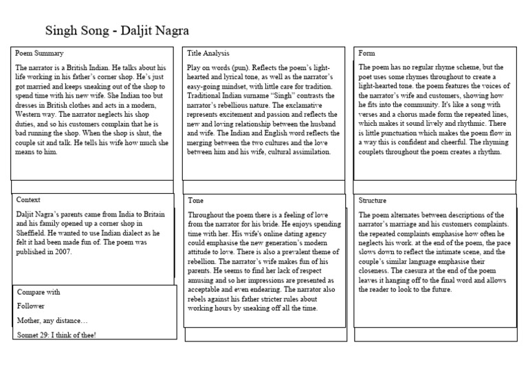 Singh Song Poem Analysis | PDF | Poetry | Rhyme