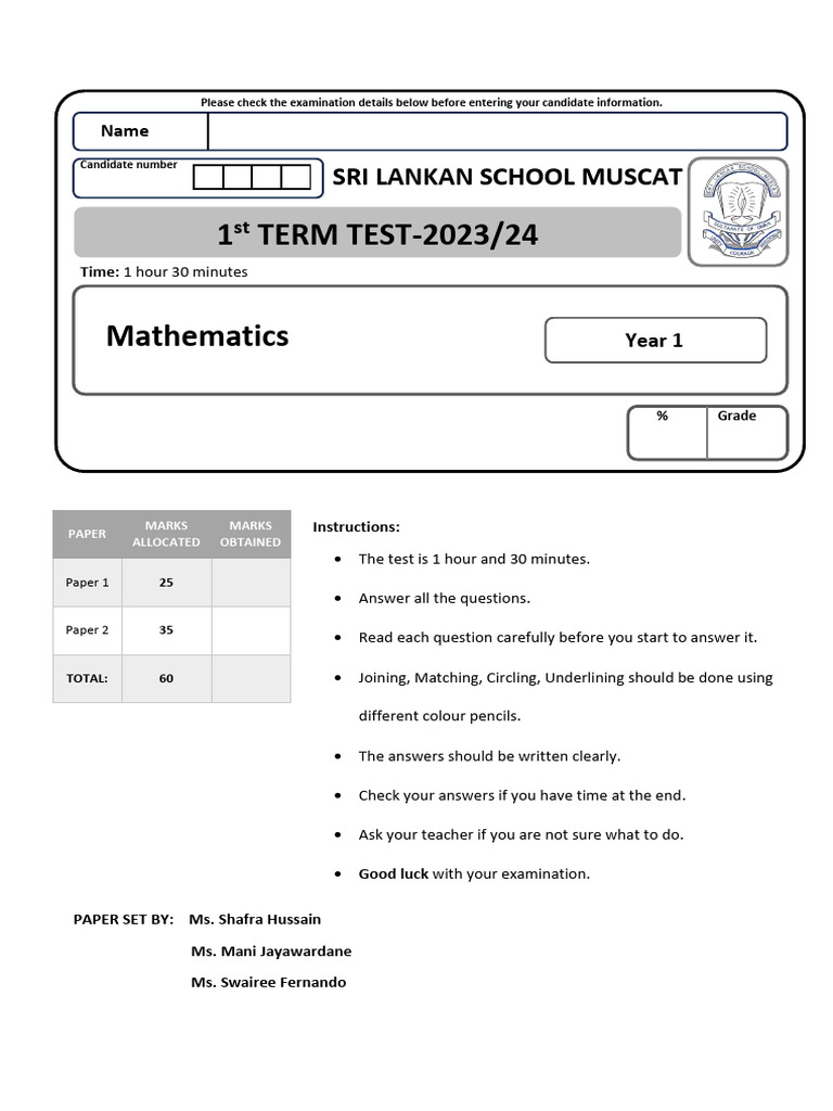 Year 1 Mathematics Term Test 2023/24 | PDF | Mathematics