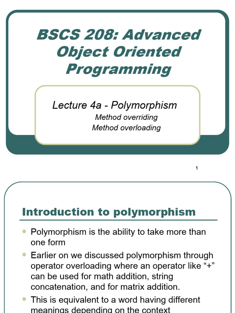 BSCS 208 - AOOP - Lecture 4a - Polymorphism | PDF | Method (Computer Programming) | Inheritance ...