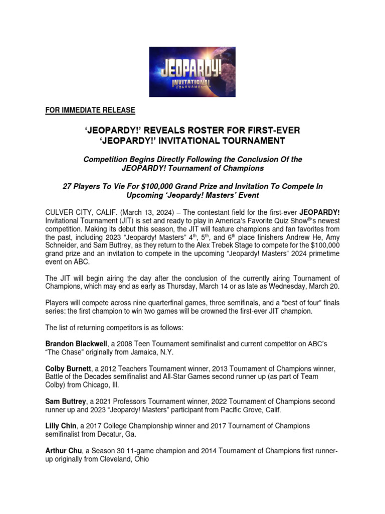 Jeopardy JIT Roster Release | PDF | Television | Game Shows