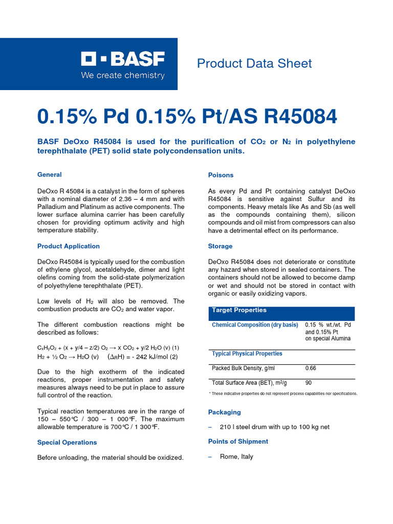 BASF-9289 0-15Pd 0-15Pt AS-R45084 Datasheet A4 Rev.10 2021 | PDF | Palladium | Catalysis