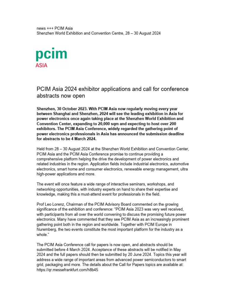 PCIM Asia 2024 Exhibitor Applications and Call For Conference Abstracts Now Open | PDF | Economies