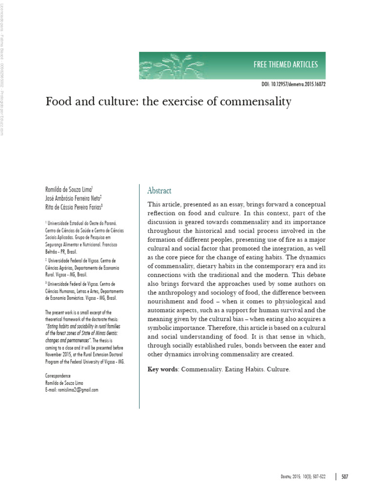 7 Food and Culture The Exercise of Commensality | PDF | Foods | Nutrition