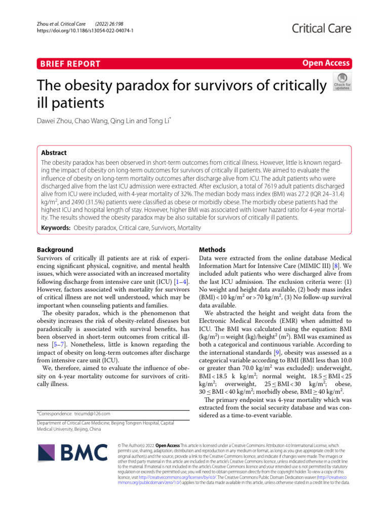 The Obesity Paradox For Survivors of Critically Ill Patients | PDF ...