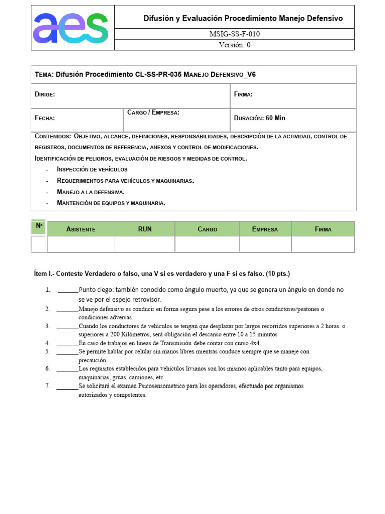 Difusión y Evaluación Procedimiento CL-SS-PR-035 MANEJO DEFENSIVO - V6 | PDF