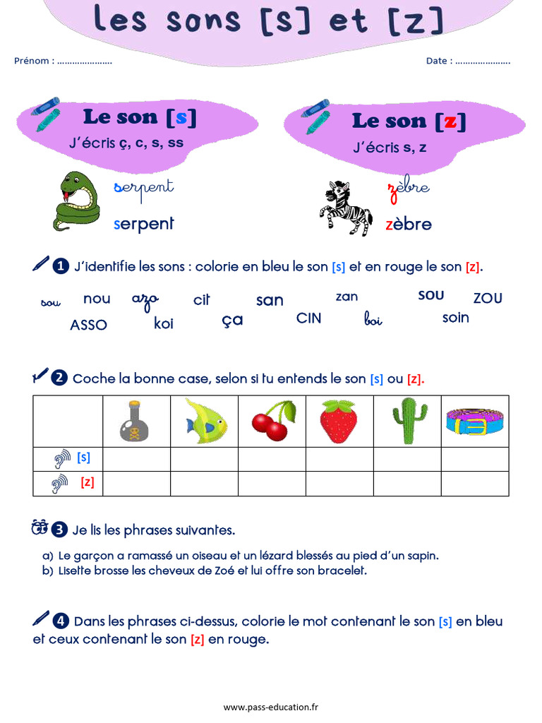 Exercices sur les sons S et Z | PDF | Arts du langage et discipline ...