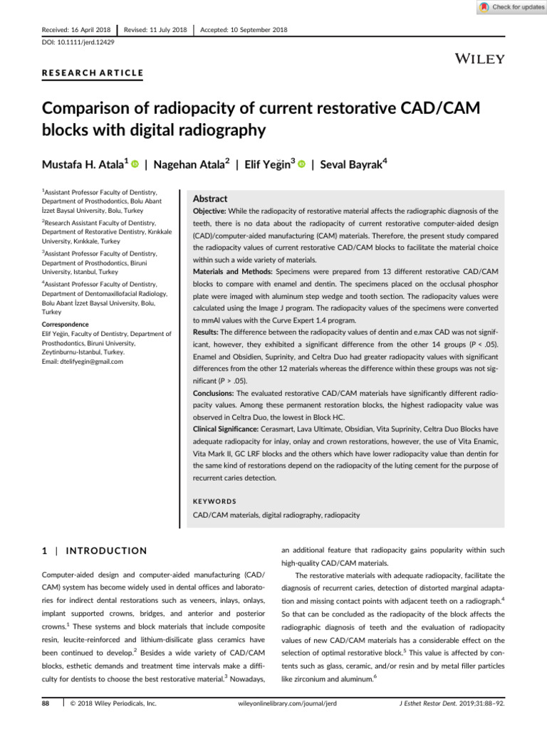 Dental CAD/CAM Radiopacity Analysis | PDF | Materials | Dentistry Branches