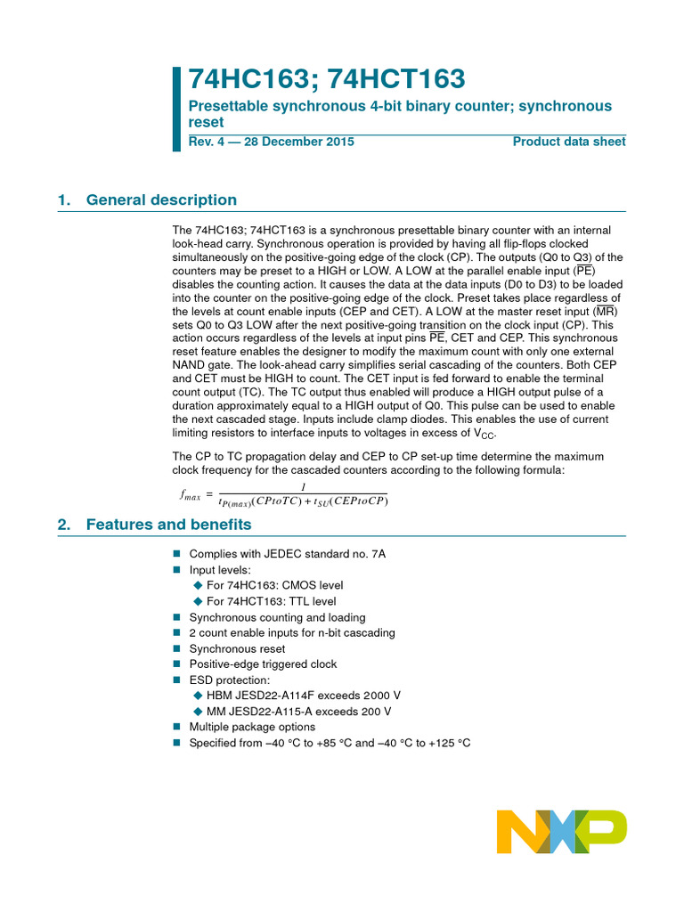74HC163 4-Bit Synchronous Counter Data Sheet | PDF | Electrical ...