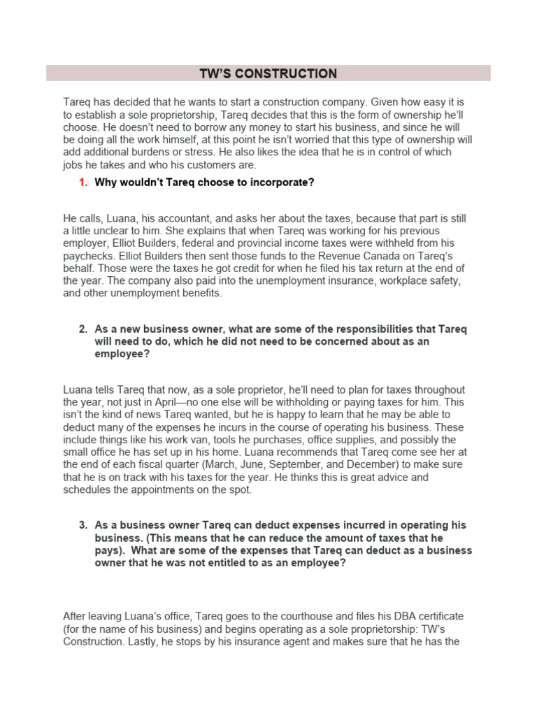 TW Construction | PDF | Taxes | Sole Proprietorship