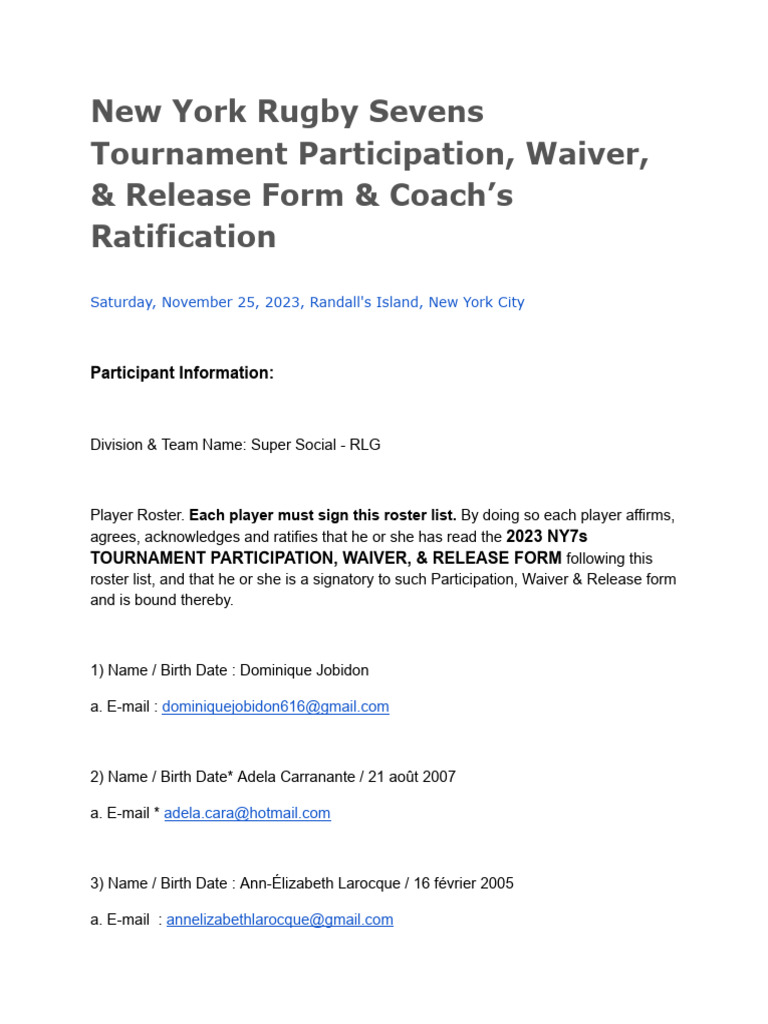 2.0 New York Rugby Sevens Tournament Participation, Waiver, & Release Form & Coach's ...