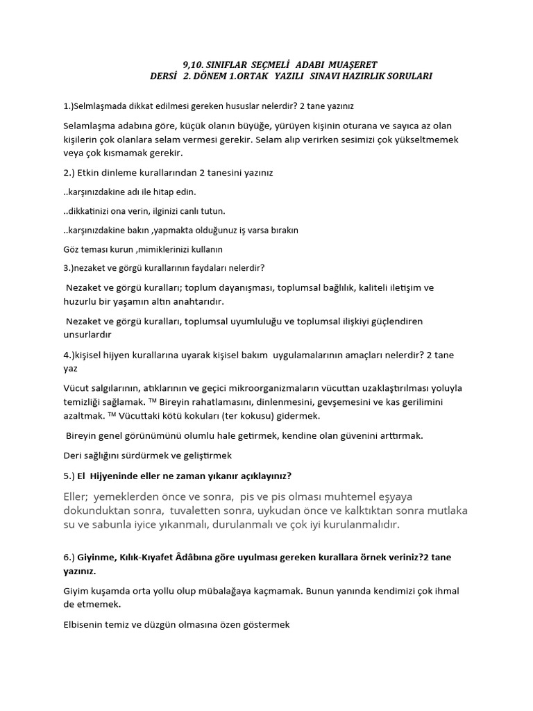 ADABI MUAŞERET Dersi 9. Sınıf 2. Dönem 1. Yaz Haz | PDF