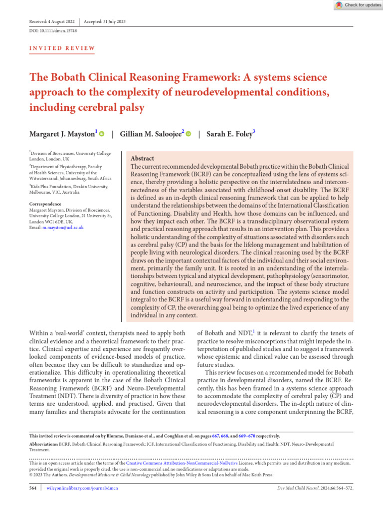 Develop Med Child Neuro - 2023 - Mayston - The Bobath Clinical Reasoning Framework a Systems ...