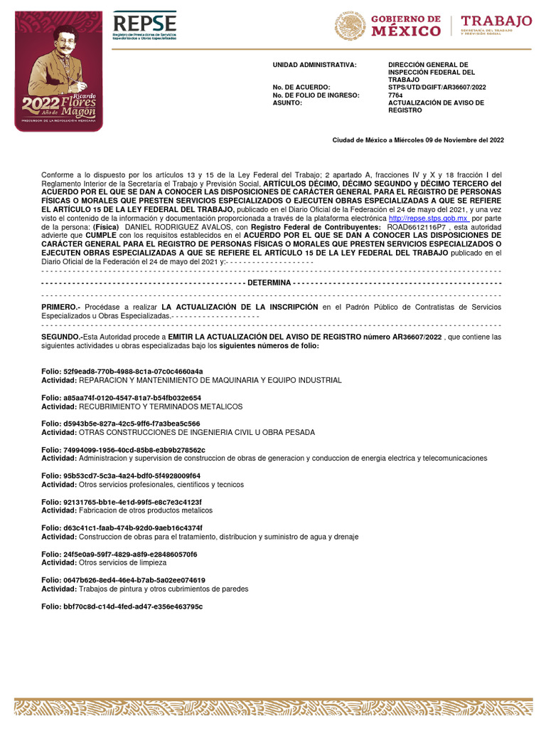 Actualización Aviso Registro REPSE 2022 | PDF | Gobierno