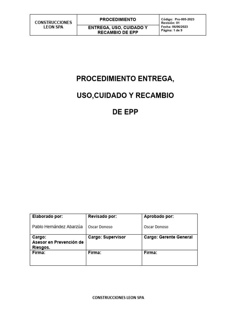 Procedimiento de Entrega, Uso, Cuidado y Recambio de Epp | PDF | Soldadura | Construcción