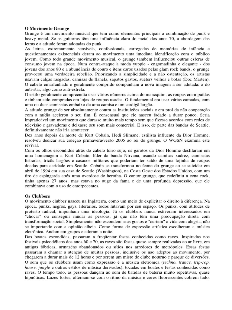 Os Movimentos Grunge Clubber e Hip Hop | PDF | Música hip hop | Grunge