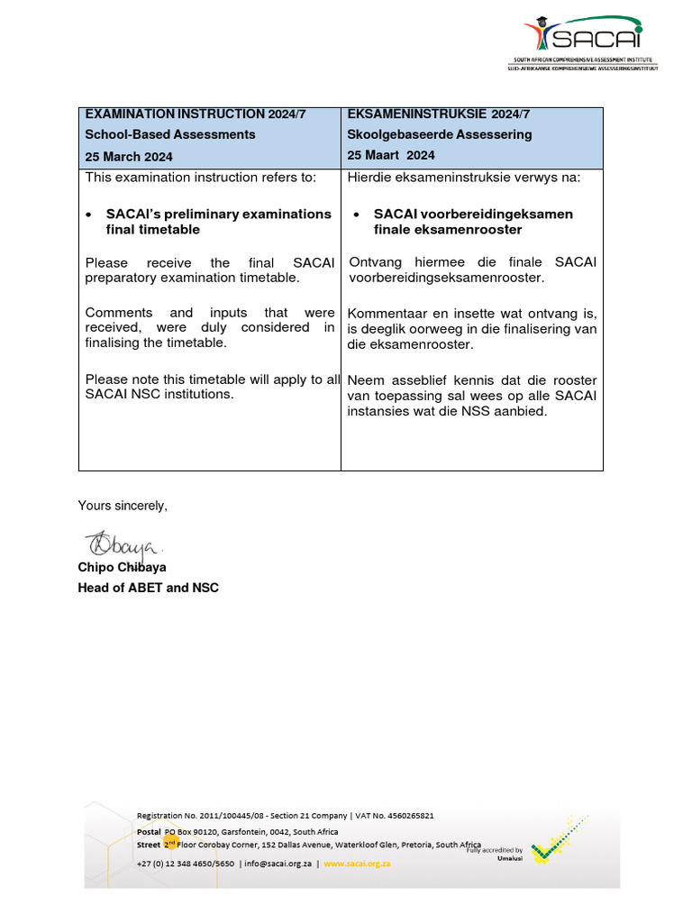 SACAI 2024 Grade 12 Exam Timetable | PDF | Science