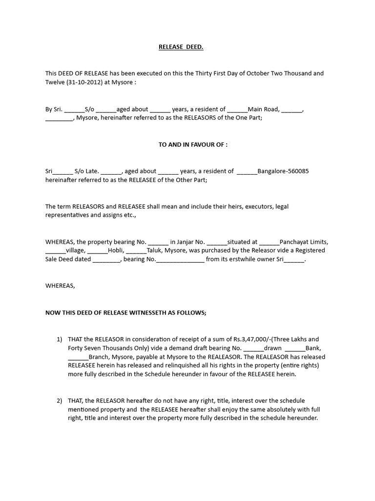 Release Deed | PDF | Deed | Civil Law (Legal System)