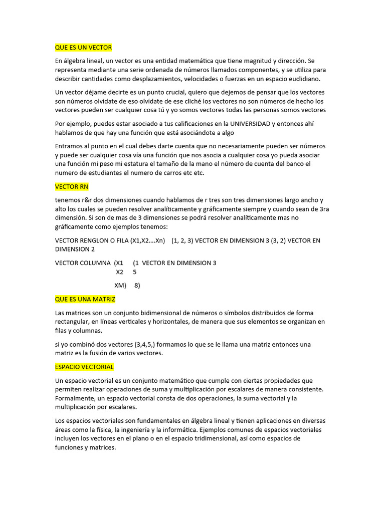 Conceptos Clave de Vectores y Matrices | PDF | Espacio vectorial ...