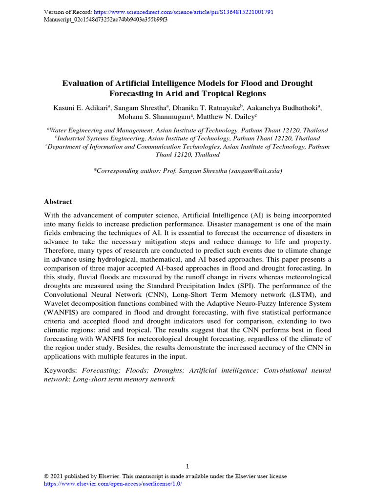 Evaluation of Artificial Intelligence Models For Flood and Drought ...