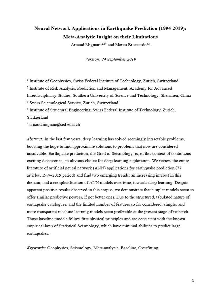 Neural Network Applications in Earthquake Prediction (1994-2019) : Meta-Analytic Insight On ...