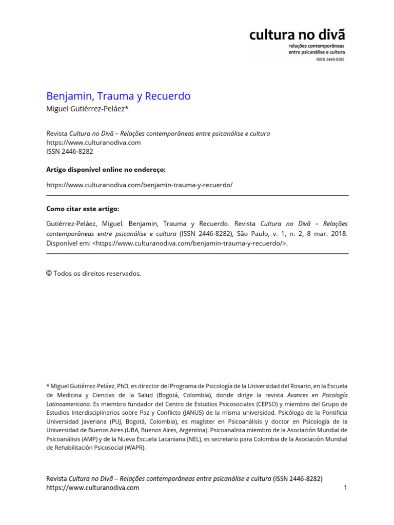 Benjamin Trauma | PDF | Trauma psicólogico | Sicología