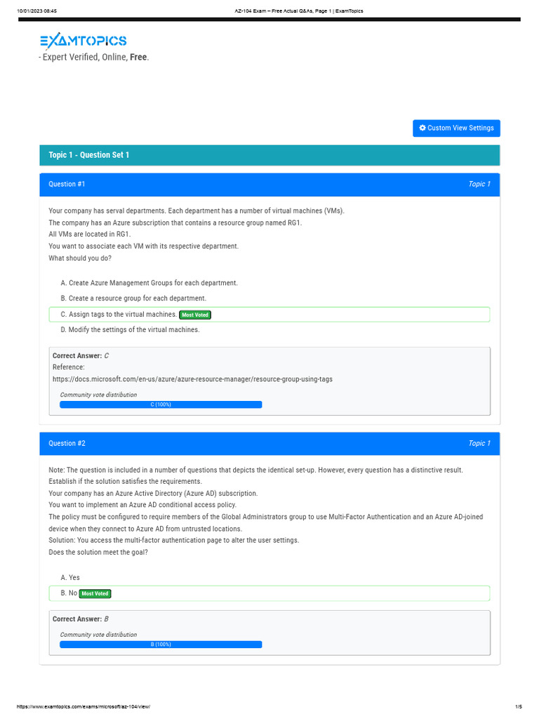 AZ-104 Exam - Free Actual Q&As, Page 1 - ExamTopics-an | Download Free PDF | Active Directory ...