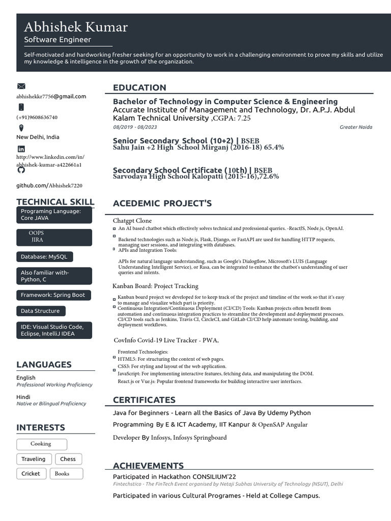 Resume Abhishek Kumar Pdf Computing Computer Science 