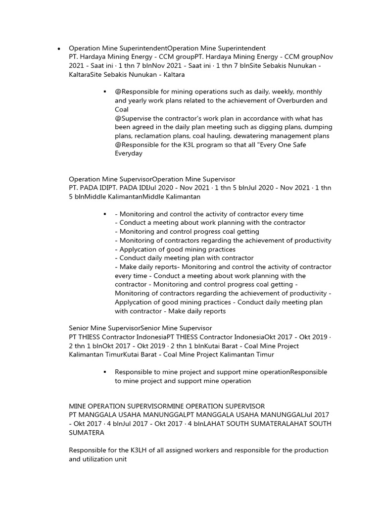 Operation Mine SuperintendentOperation Mine Superintendent | PDF | Coal ...